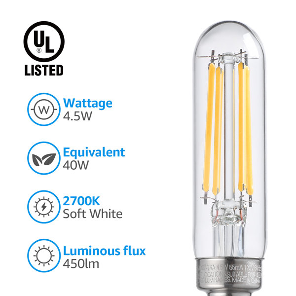 TORCHSTAR E12 Candelabra Bulb, Dimmable T6 LED Bulb, 4.5W(40W Equiv.), T25 Tubular Edison Bulbs ...